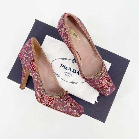 Prada | Shoes | Vintage Prada Plum Gold Brocade Snakeskin Trim Bow ...